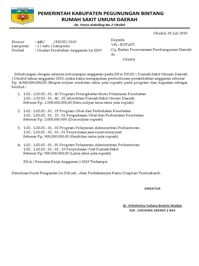 Surat Pengantar Usulan Penambahan Anggaran | PDF