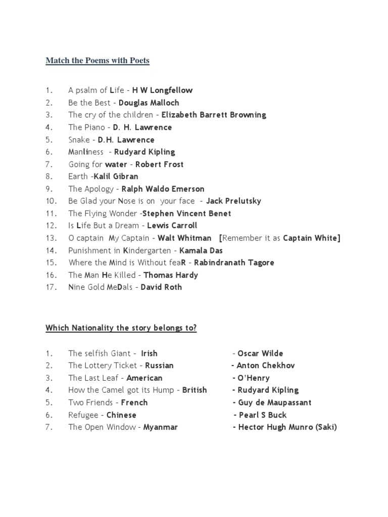 Match The Poems With Poets | PDF | Classics | General Fiction