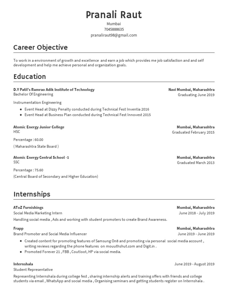 Pranali Raut: Resume for a Recent Engineering Graduate Seeking Career ...