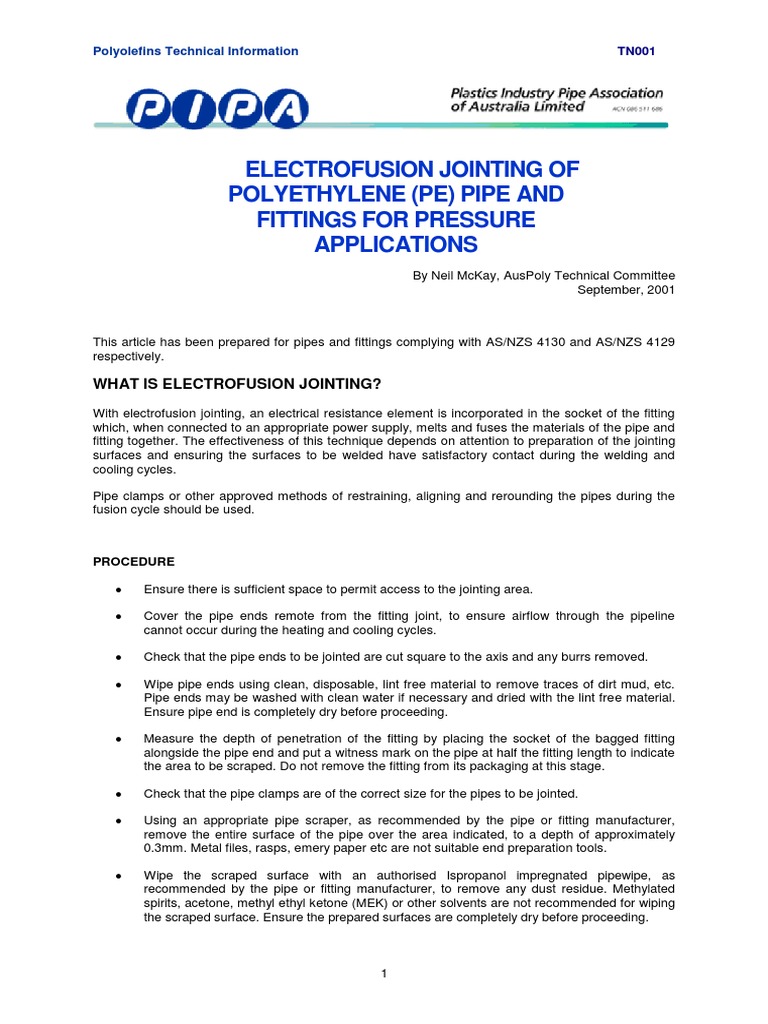 Electrofusion Jointing of Polyethylene (Pe) Pipe and Fittings For Pressure Applications | PDF ...
