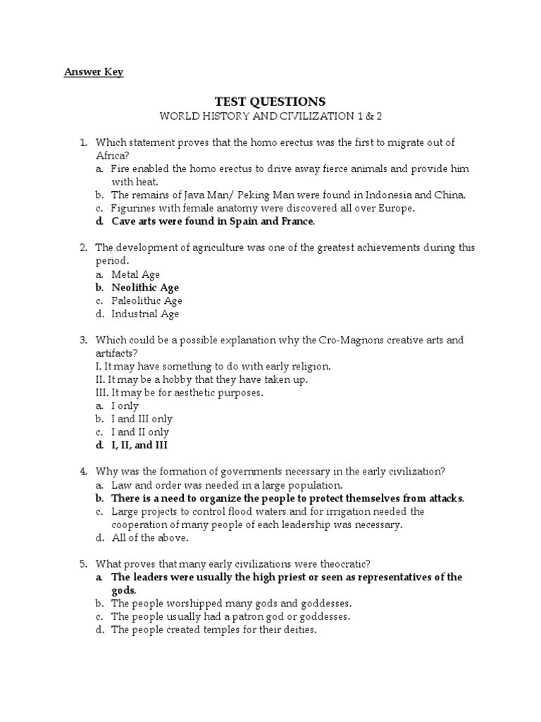 Answer Key Handout Test Questions World History and Civilizations 1 & 2 ...