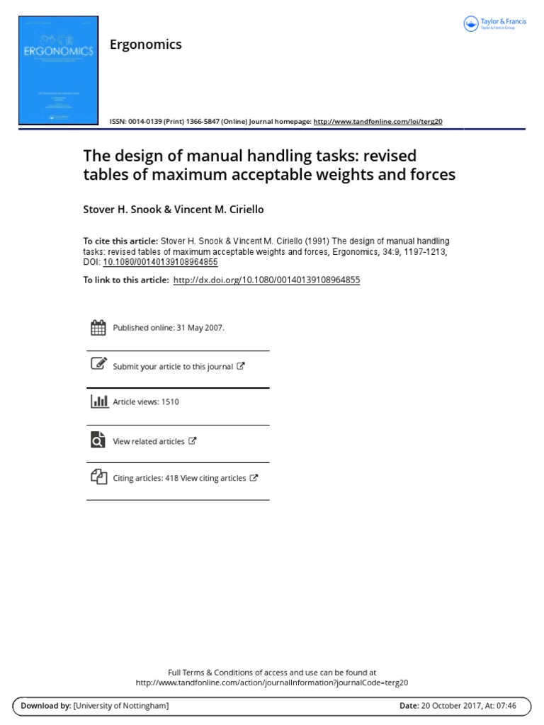 The Design of Manual Handling Tasks | PDF | Experiment | Heart Rate