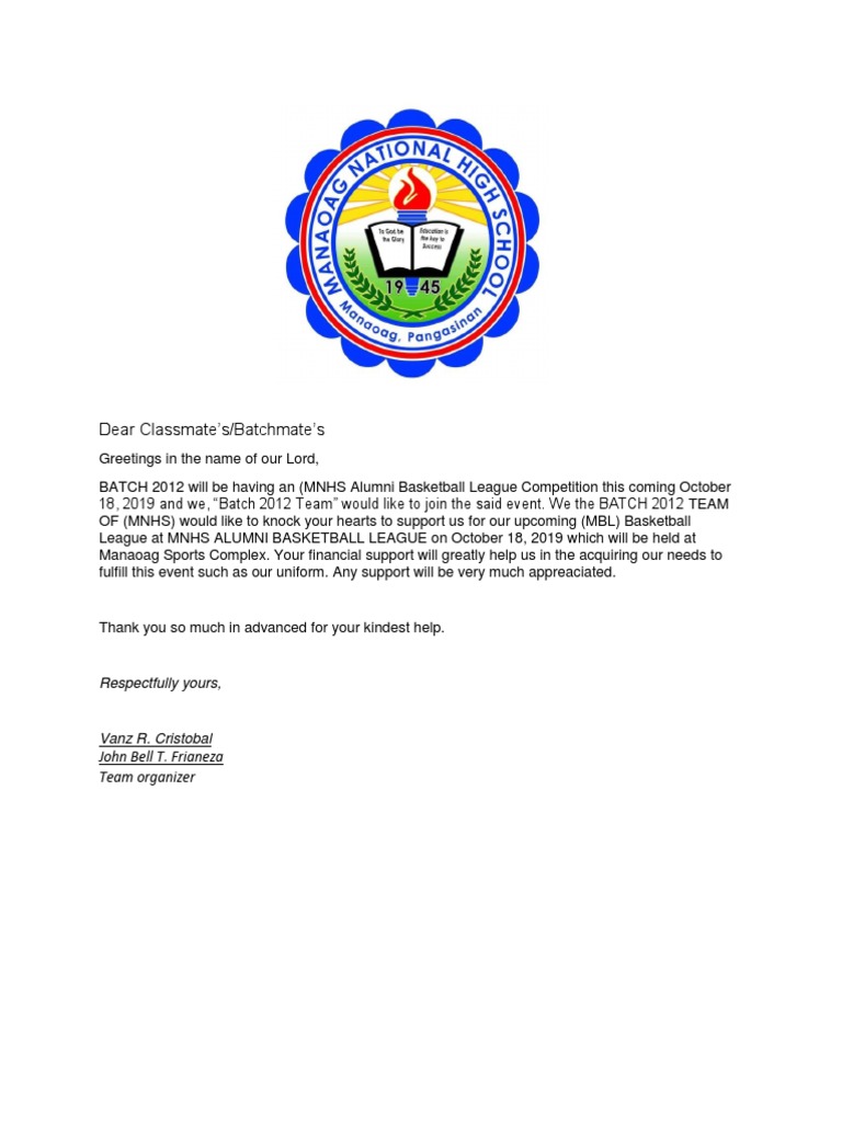 Dear Classmate's/Batchmate's: John Bell T. Frianeza Team Organizer | PDF