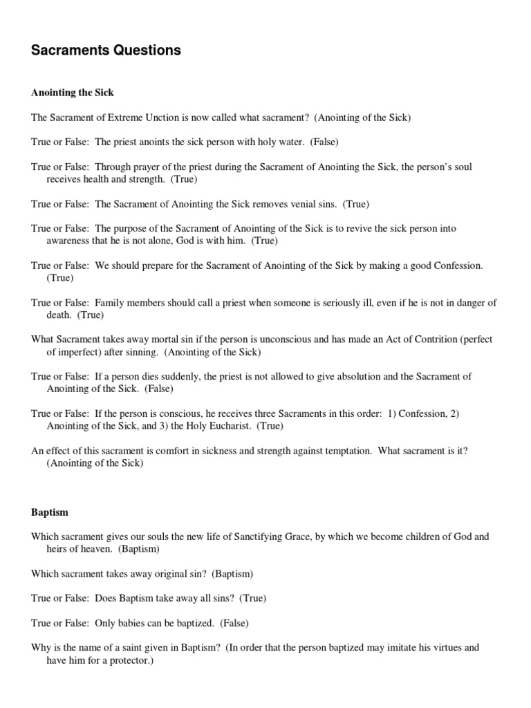Sacraments Questions: Anointing The Sick | PDF | Confirmation | Eucharist