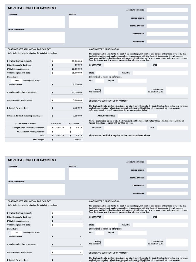 Application For Payment: Application Number To Owner Project Period ...