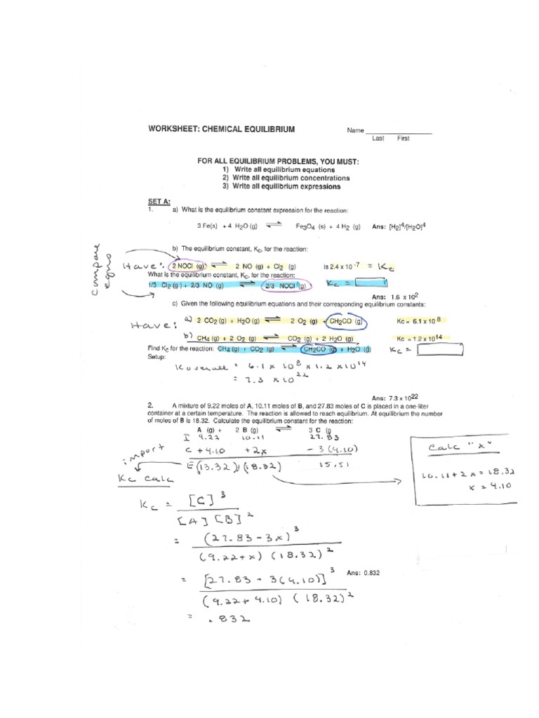 Chem 111 Chemical Equilibrium Worksheet Answer Keys Ua | PDF