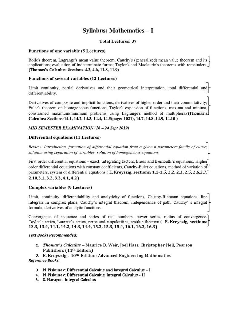 Syllabus: Mathematics - I: Total Lectures: 37 Functions of One Variable (5 Lectures) | PDF ...