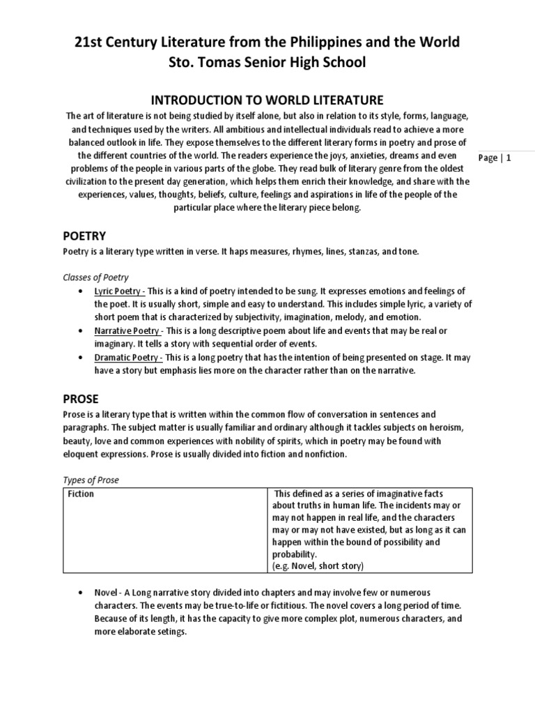 Introduction To World Literature Handout | PDF | Poetry | Narrative