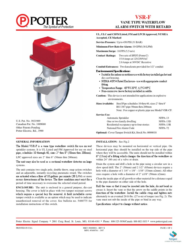 Potter Flow Switch | PDF | Fire Sprinkler System | Pipe (Fluid Conveyance)