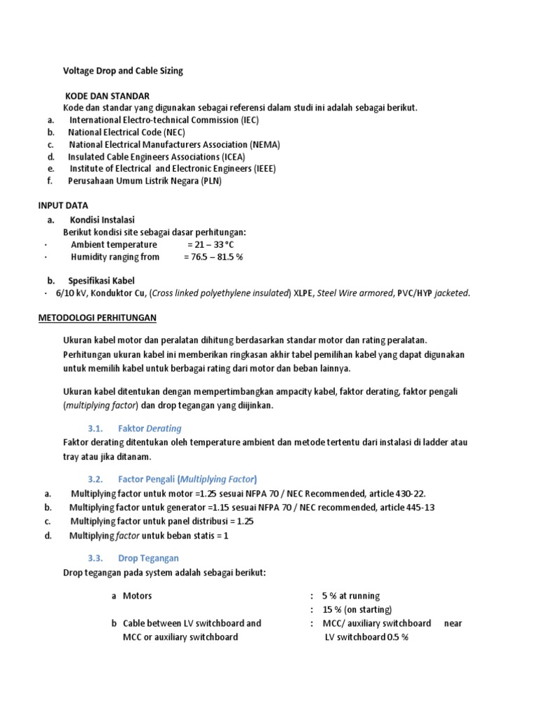 Standards Voltage Drop and Cable Sizing | PDF