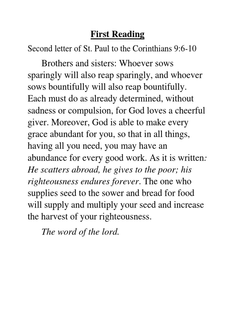 First Reading: Second Letter of St. Paul To The Corinthians 9:6-10 | PDF