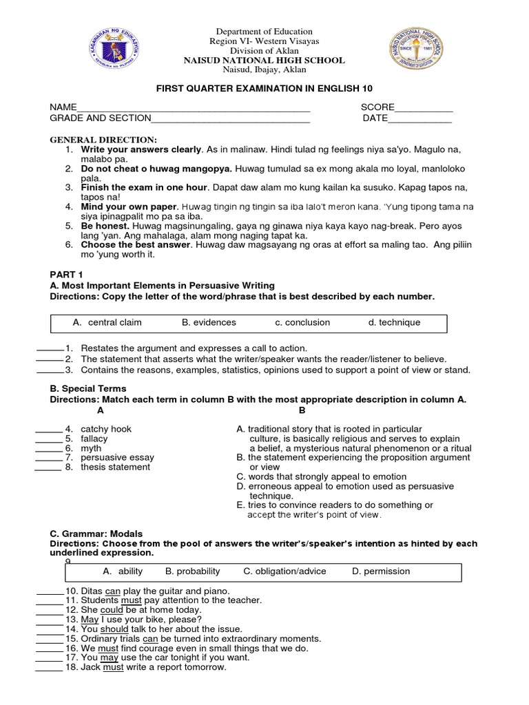 First Quarter Exam in English 10 | PDF | Courage | Emotions