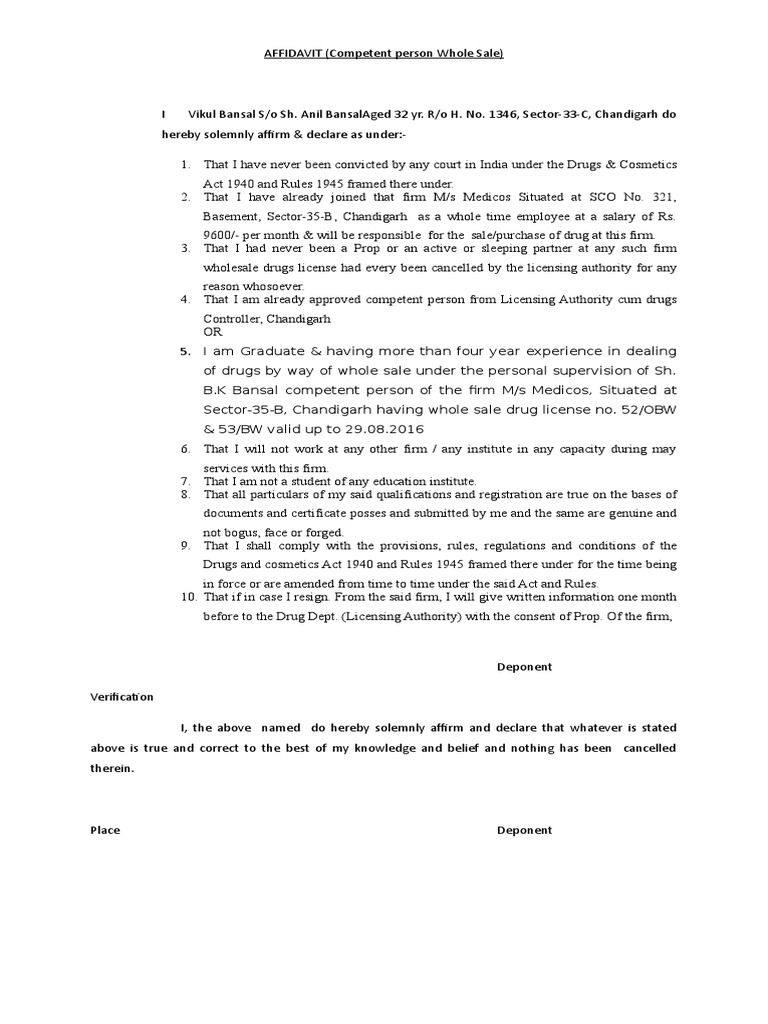Affidavit and supporting documents for obtaining a wholesale drug ...