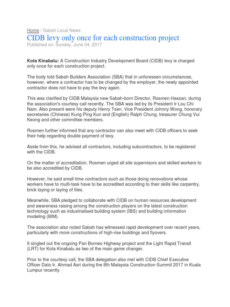 CIDB Levy Only Once For Each Construction Project: / Sabah Local News | PDF