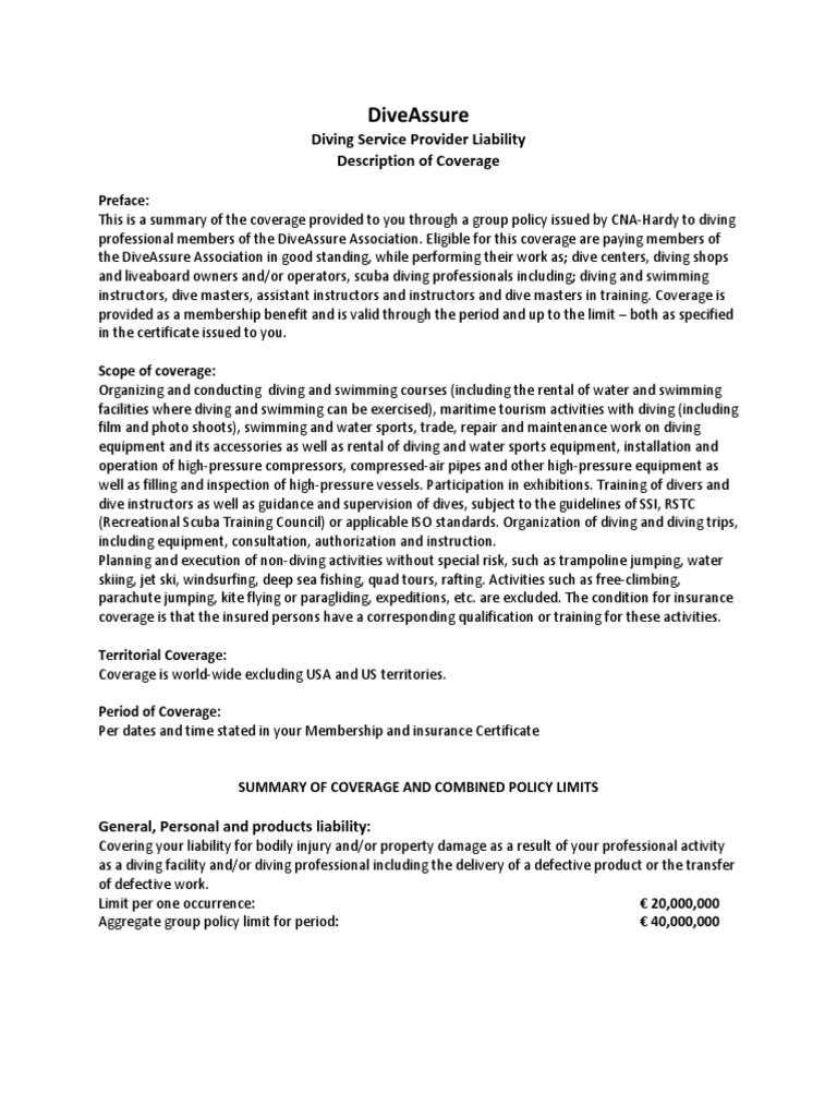 Diveassure: Diving Service Provider Liability Description of Coverage ...