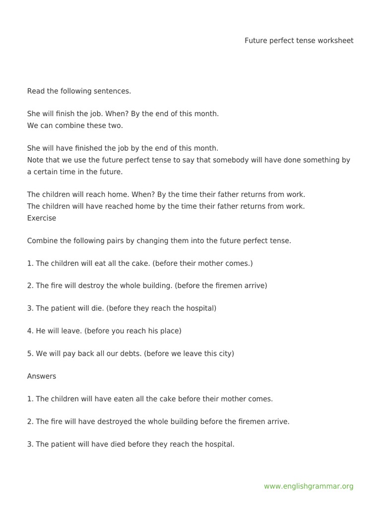 Future Perfect Tense Worksheet | PDF