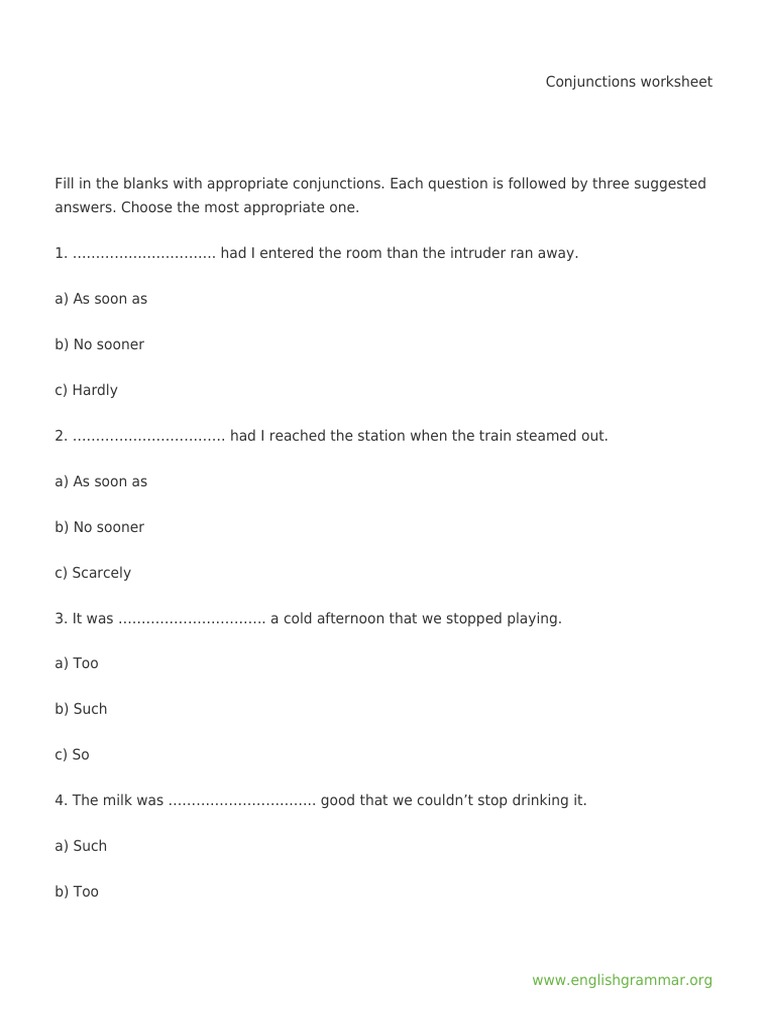 Conjunctions Worksheet with Answers | PDF