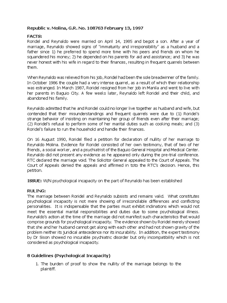 Republic v. Molina, G.R. No. 108763 February 13, 1997 Facts | PDF ...