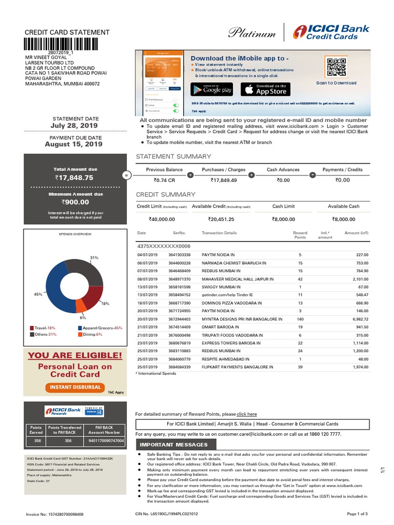 Credit Card Statement for Mr. Vineet Goyal Summarizing Purchases Totaling Rs. 17,849.49 with ...