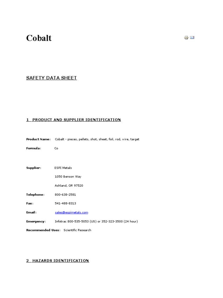Cobalt: Safety Data Sheet | Download Free PDF | Cobalt | Personal ...