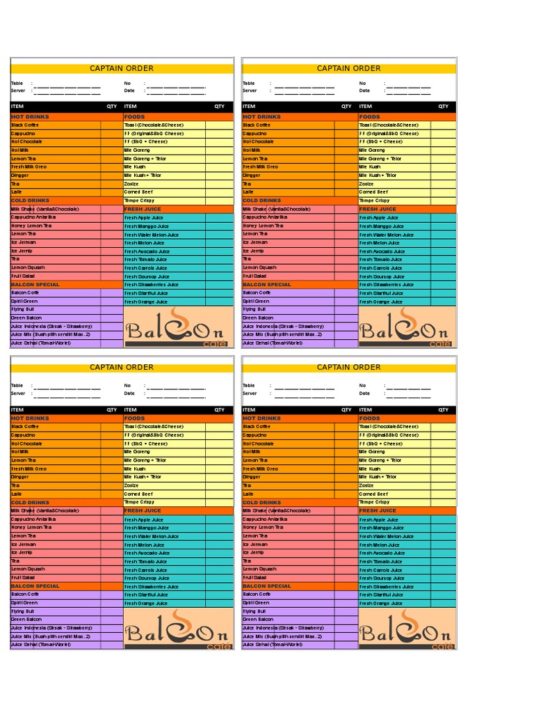 Captain Order Captain Order: Item QTY Item QTY Item QTY Item QTY | PDF ...