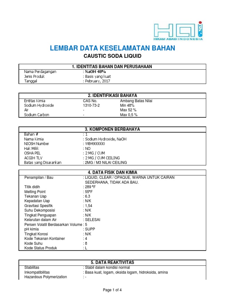 LDKB Caustic Soda Liquid 48% | PDF
