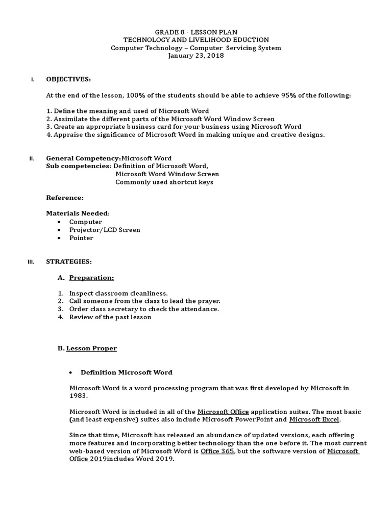 Grade 8 Microsoft Word Lesson Plan | PDF | Double Click | Microsoft Word