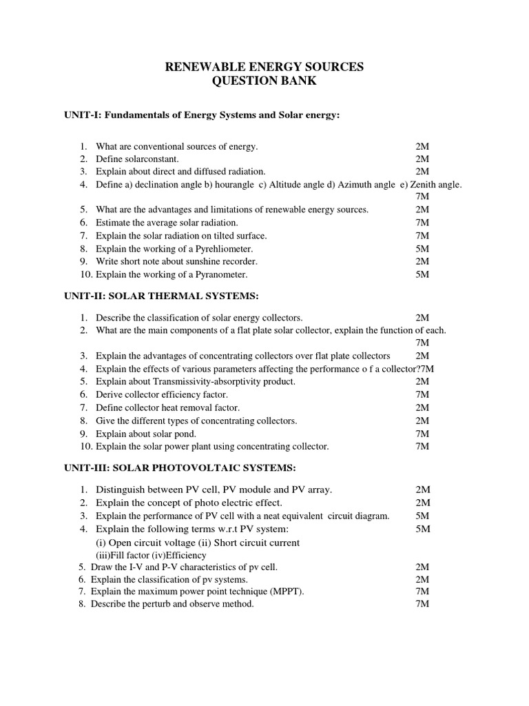 Renewable Energy Sources Question Bank: UNIT-I: Fundamentals of Energy ...