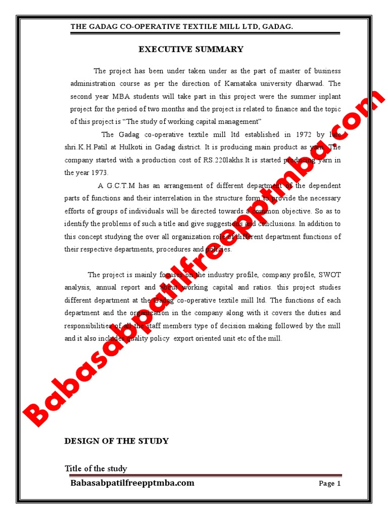 A Project Report On Working Capital Management at Gadag Textile Project ...