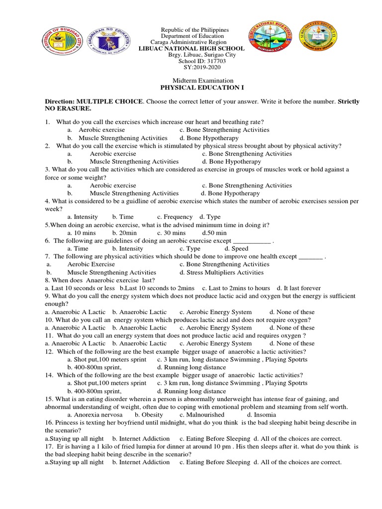 Physical Education I Direction: MULTIPLE CHOICE. Choose The Correct ...