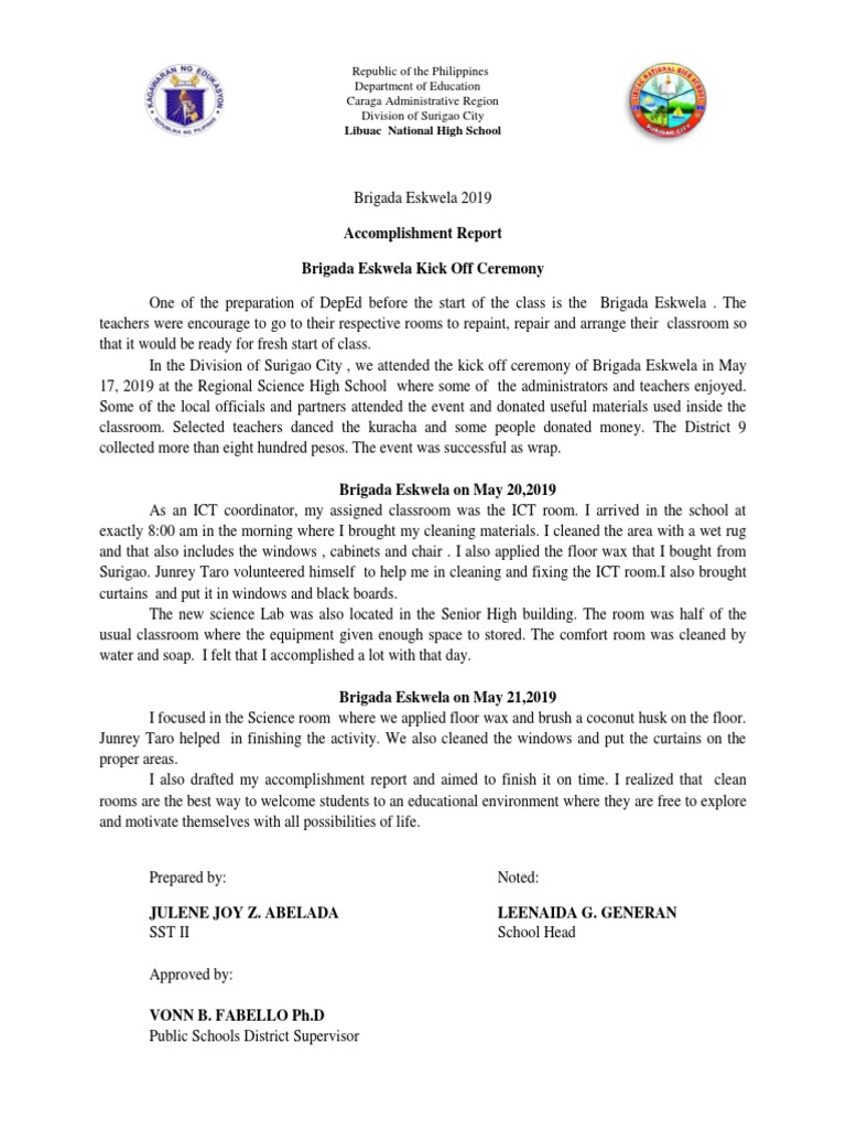 Brigada Accomplishment Report | PDF | Classroom | Learning