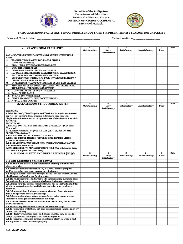 Basic Classroom Facilities Structuring School Safety Preparedness Evaluation Checklist | PDF ...