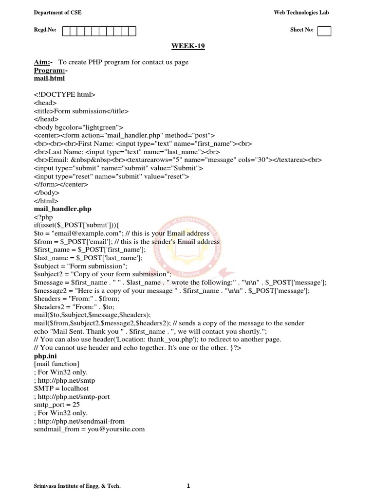 WEEK-19 Aim:-To Create PHP Program For Contact Us Page Program: - Mail - HTML | PDF | Http ...