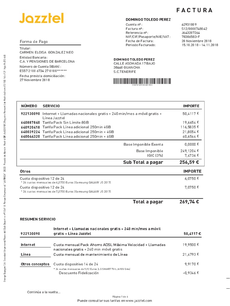 factura_jazztel_J643207264 | Telecommunications | Información de la empresa