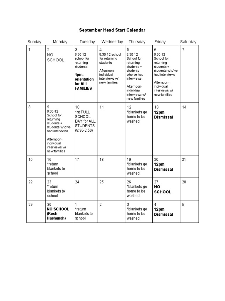 September 2019 Head Start Calendar | PDF | Sports
