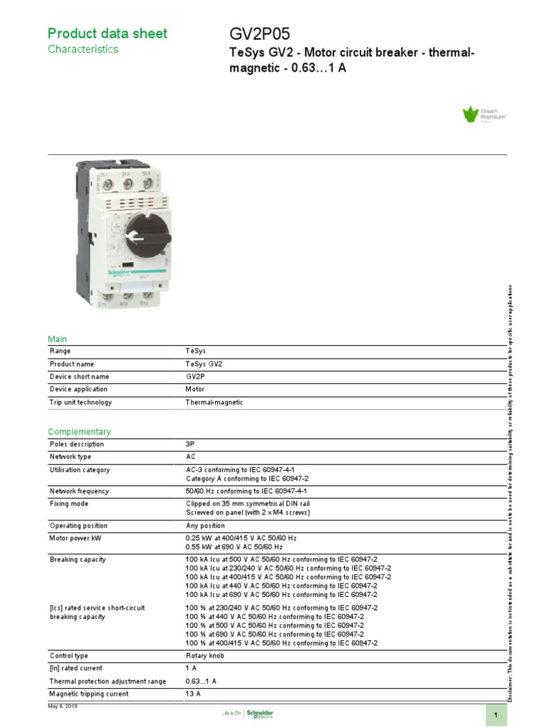 Product Data Sheet: Tesys Gv2 - Motor Circuit Breaker - Thermal ...