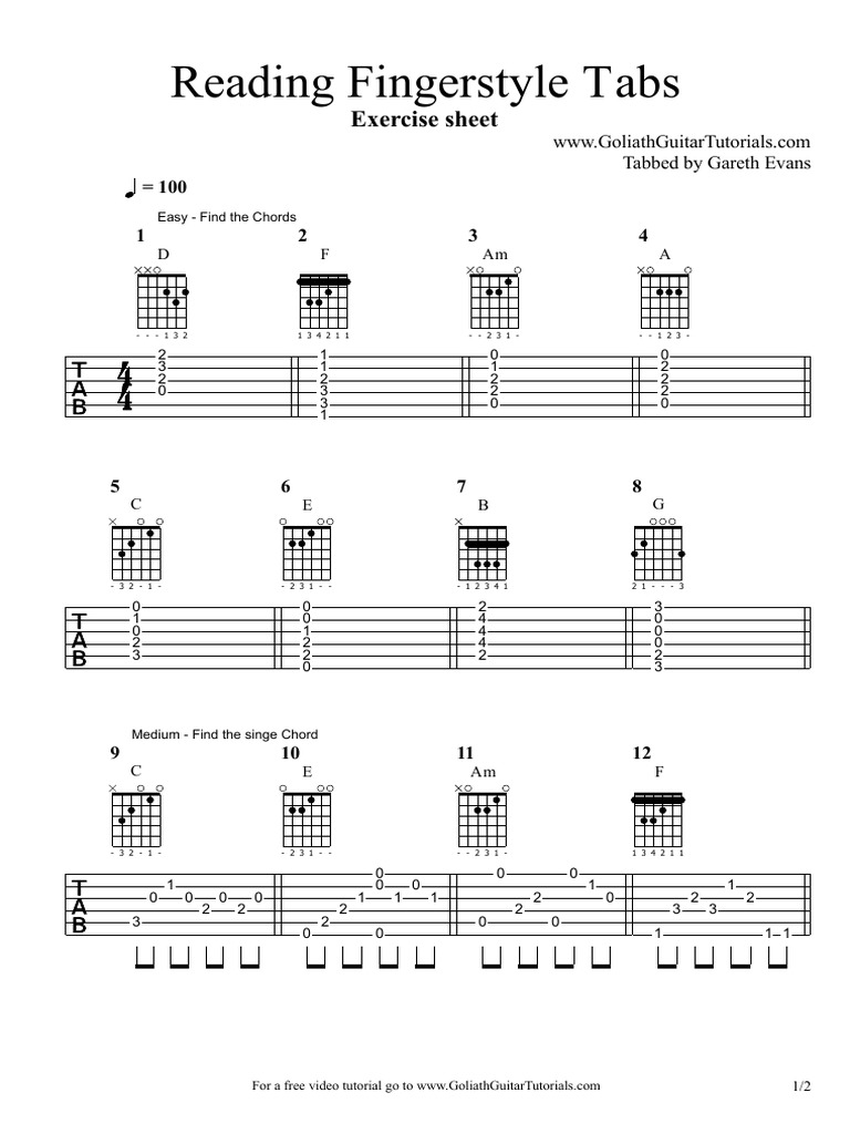Reading Fingerstyle Tabs: Exercise Sheet | PDF