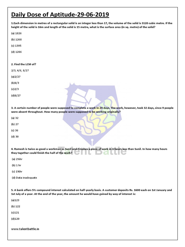 Daily Aptitude Dose - 29062019 PDF | PDF | Speed | Physical Quantities