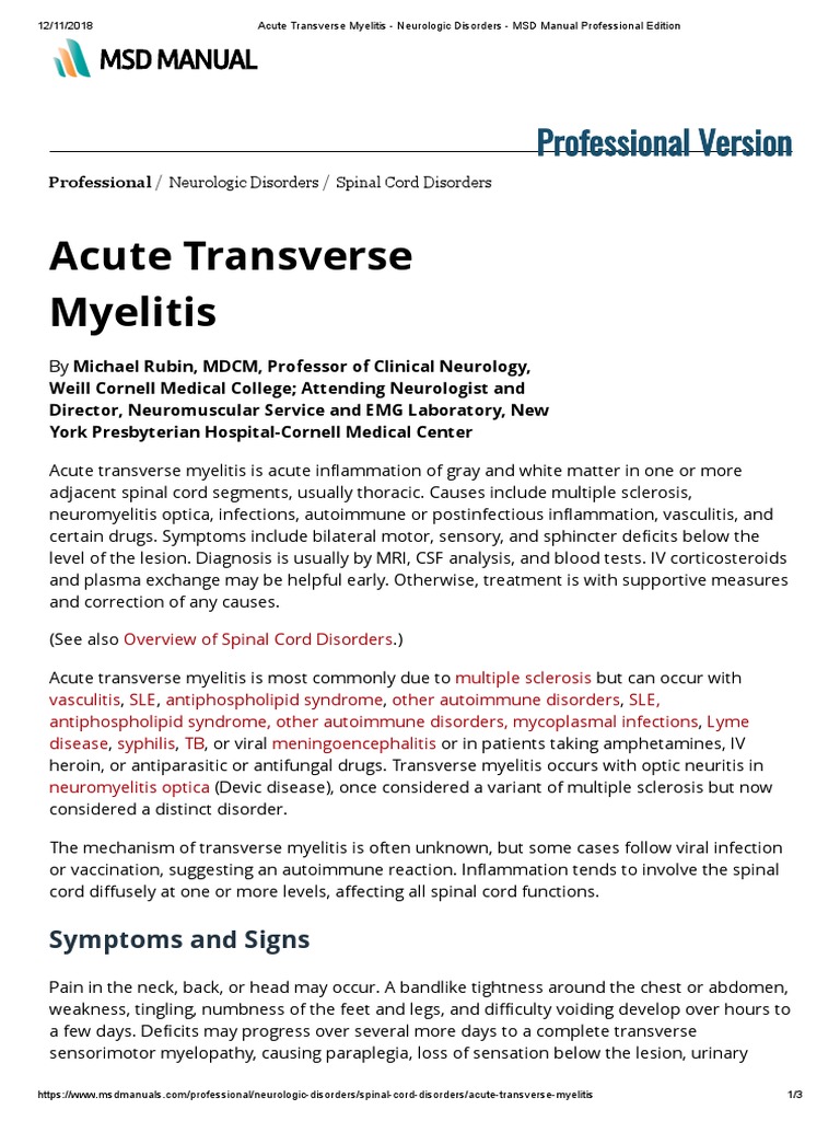 Acute Transverse Myelitis - Neurologic Disorders - MSD Manual Professional Edition | PDF ...