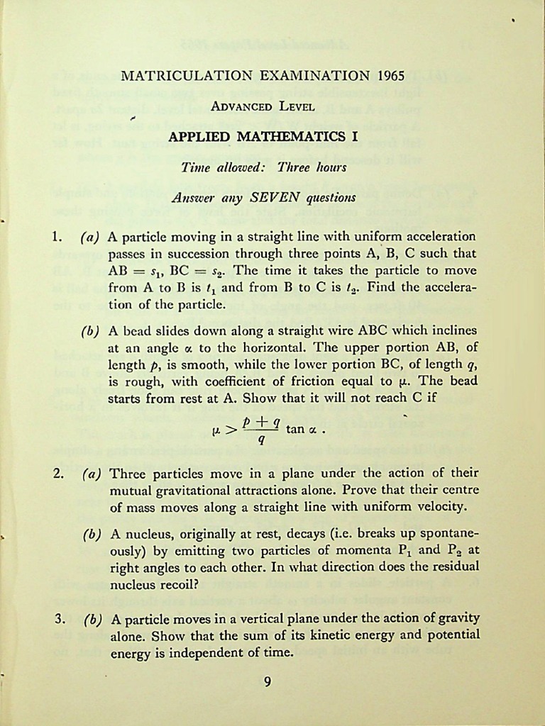 1965 AL Applied Mathematics Paper 1, 2 | PDF 1965 AL Applied Mathematics Paper 1, 2 | PDF