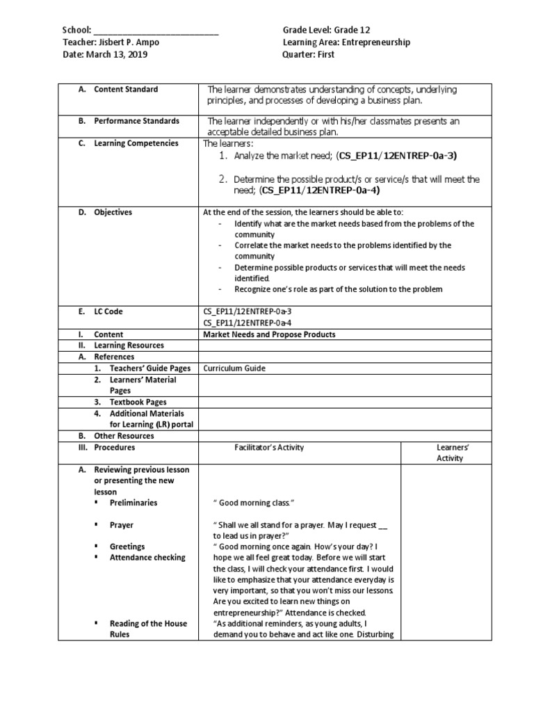 Detailed Lesson Plan On Entrepreneurship | PDF | Lesson Plan | Causality