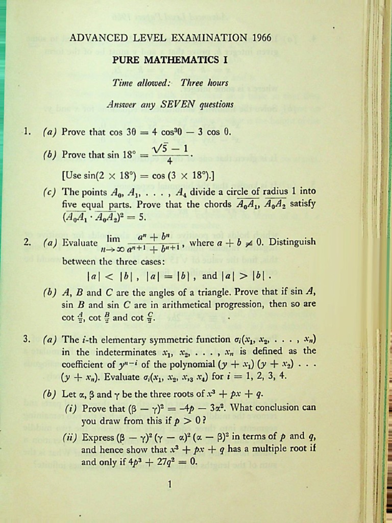1966 AL Pure Mathematics Paper 1, 2 | PDF
