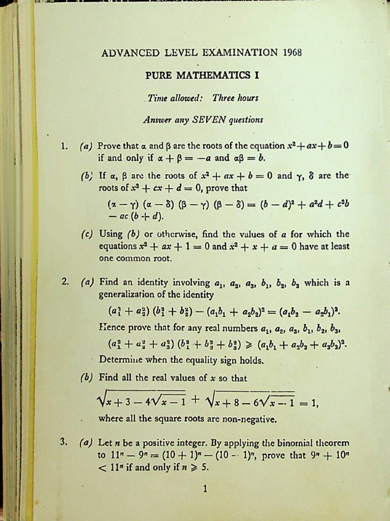 1968 AL Pure Mathematics Paper 1, 2 | PDF