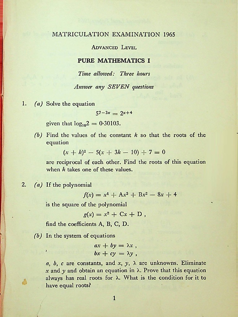 1965 AL Pure Mathematics Paper 1, 2 | PDF