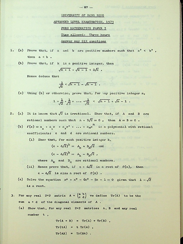 1973 AL Pure Mathematics Paper 1, 2 | PDF