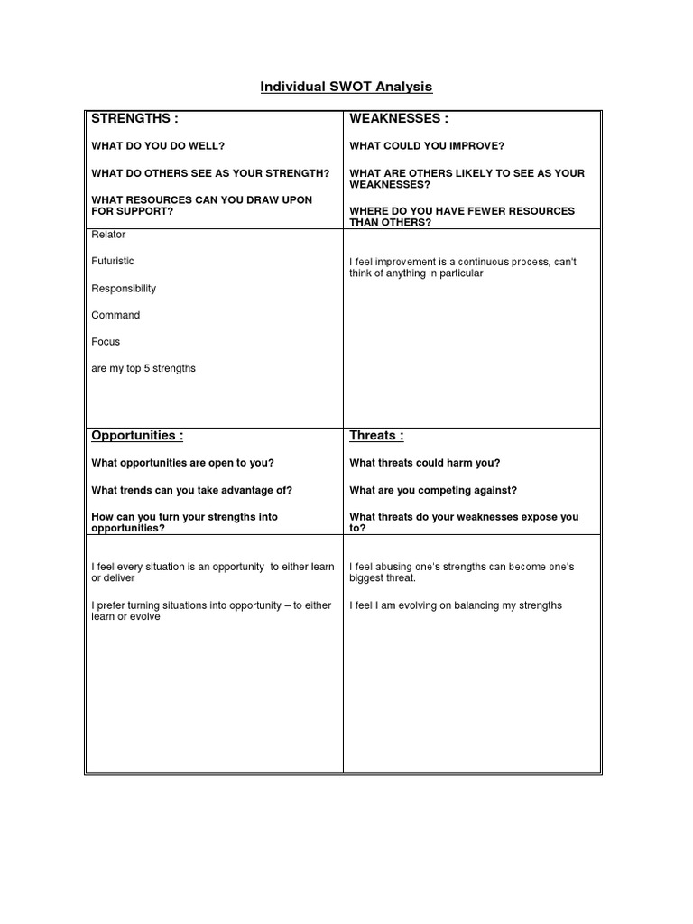 Individual SWOT Analysis: Strengths: Weaknesses | PDF | Swot Analysis ...