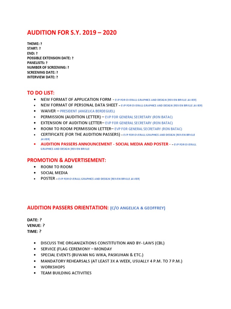 AUDITION FOR S.Y. 2019 - 2020: To Do List | PDF
