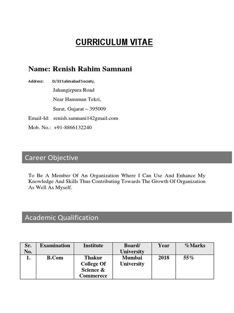 Curriculum Vitae: Name: Renish Rahim Samnani | PDF