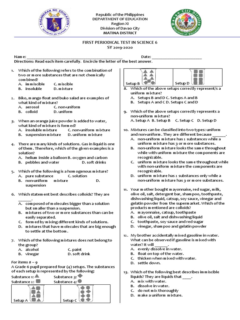 Science 6 1st Quarter Test | PDF | Solution | Filtration