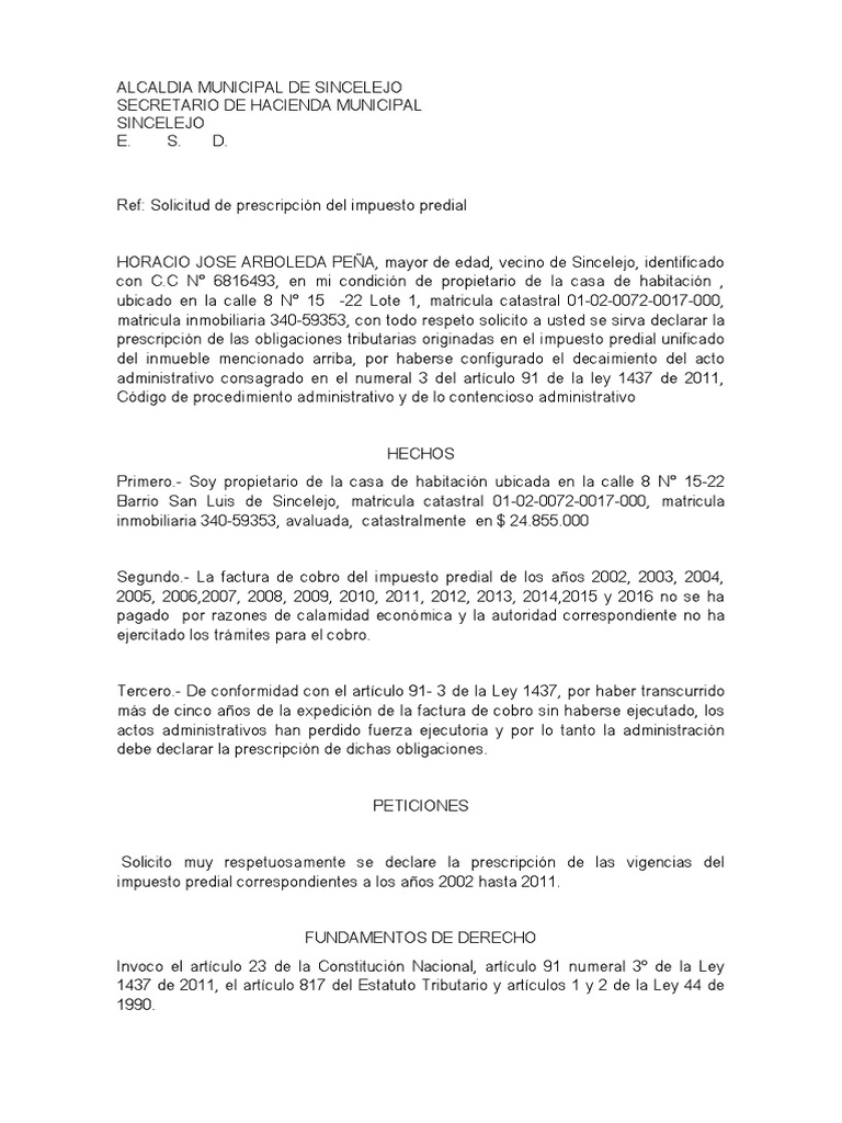 Peticion Prescripcion Impuesto Predial | Estatuto de limitaciones ...